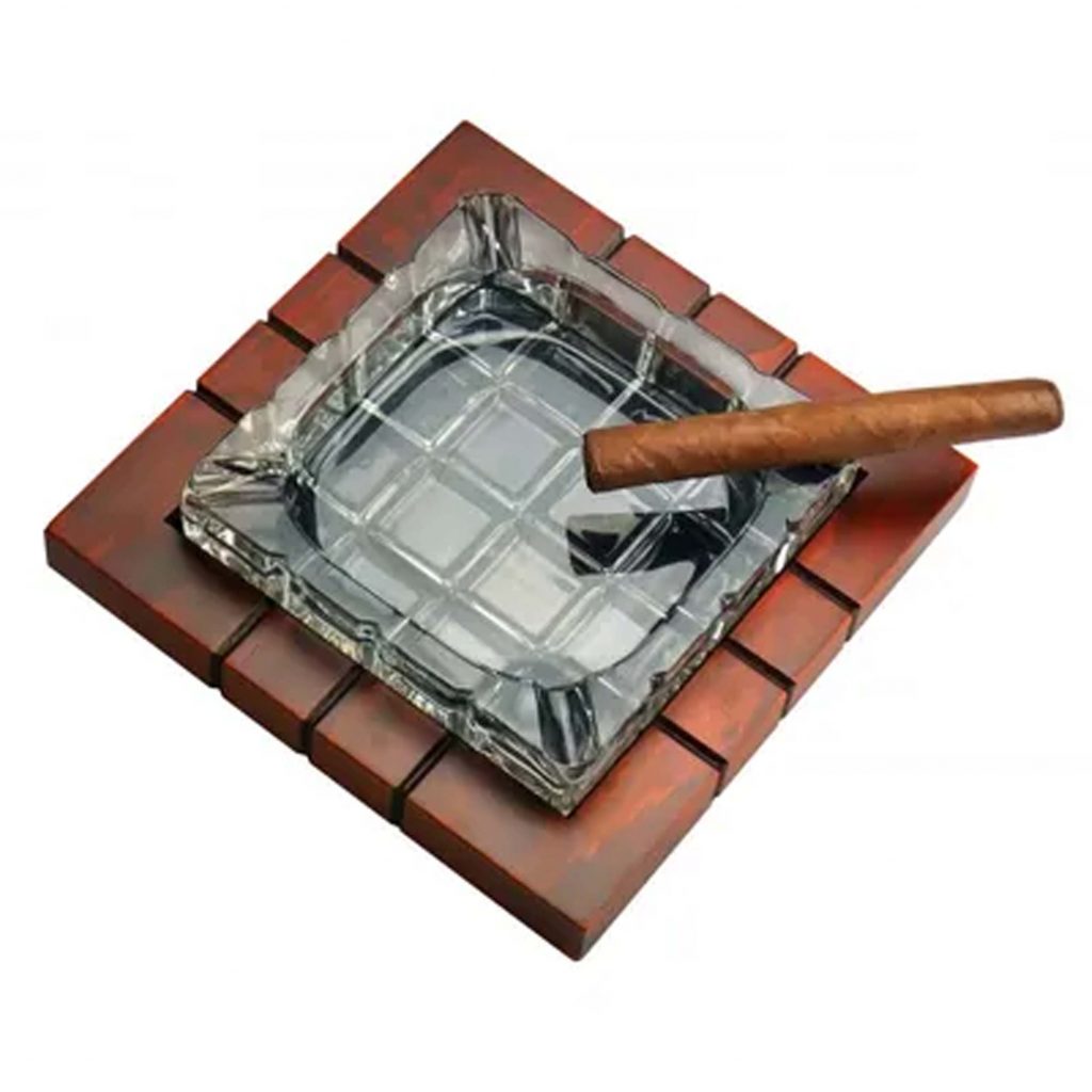 4 Cigar Cross-Hatched Crystal Ashtray on Wood Base - Cigar Club India